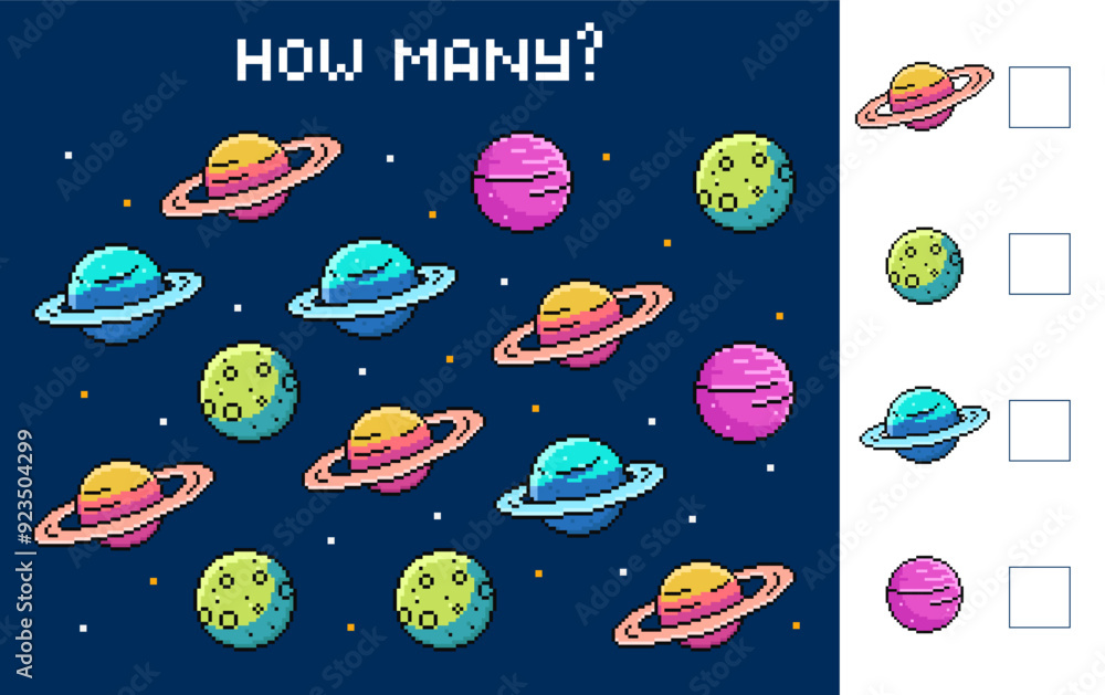 Math game how many for kids. Count planets and write the number ...