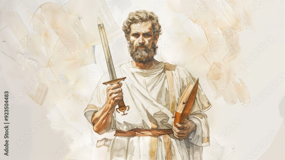 Biblical Illustration of Apostle James the Greater Holding Sword and ...