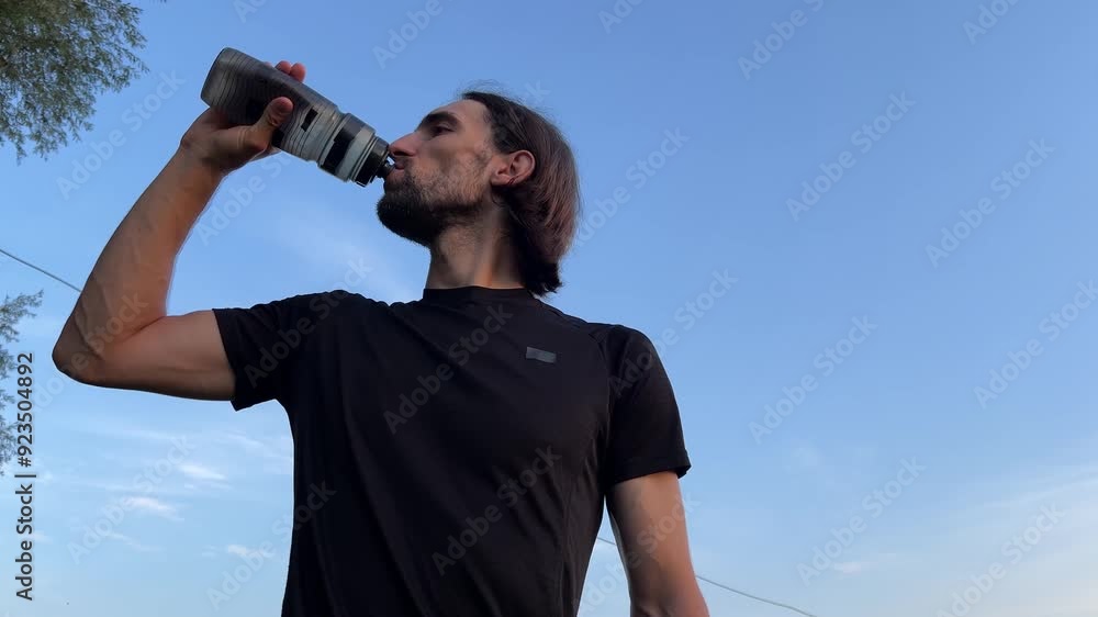 Man drinking from a water bottle outdoors under a clear blue sky ...