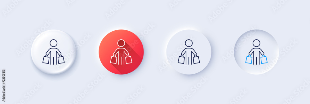 Buyer with shopping bags line icon. Neumorphic, Red gradient, 3d pin ...