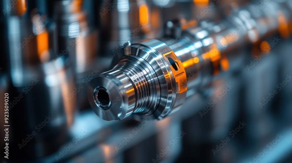 Detailed close-up shot of a CNC machine tool head in an industrial ...