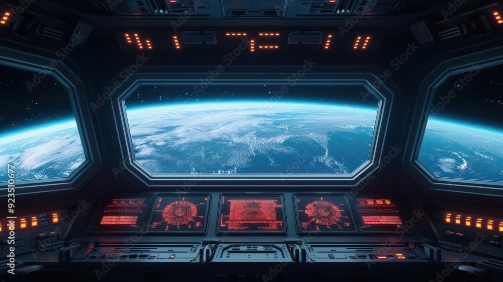 Stunning view from a futuristic spaceship cockpit overlooking Earth ...