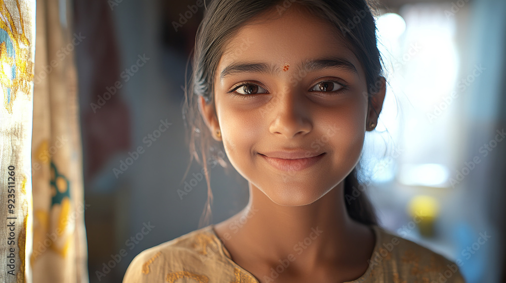 Portrait of a Sri Lankan girl with a sincere smile, taken in a light ...