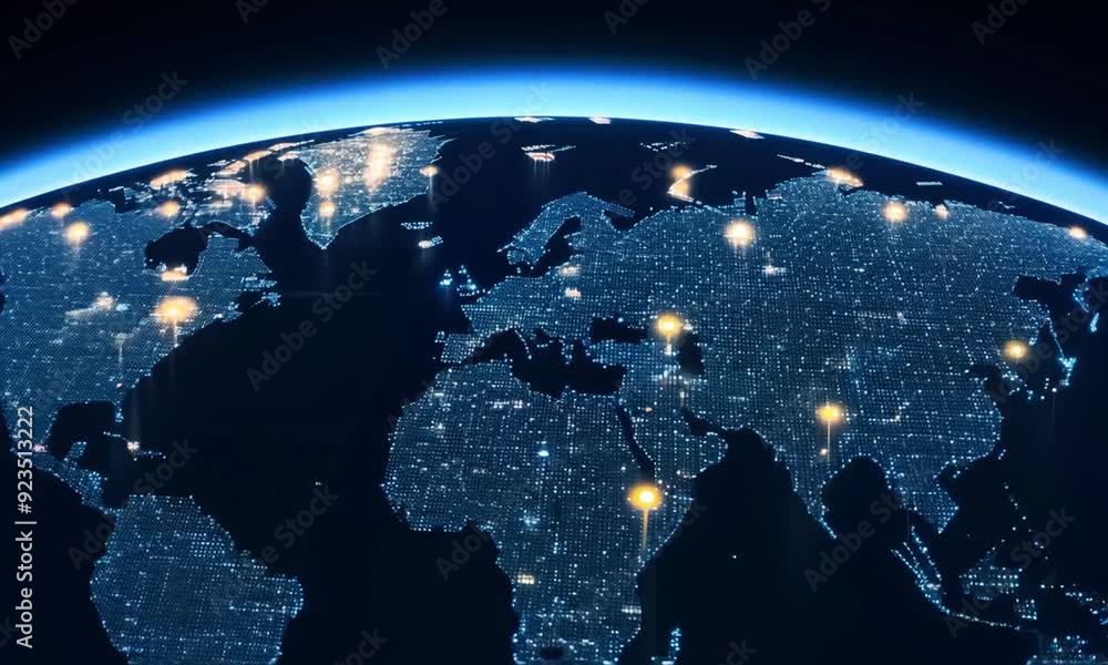 A brightly lit world map shows the locations of cities all around the ...