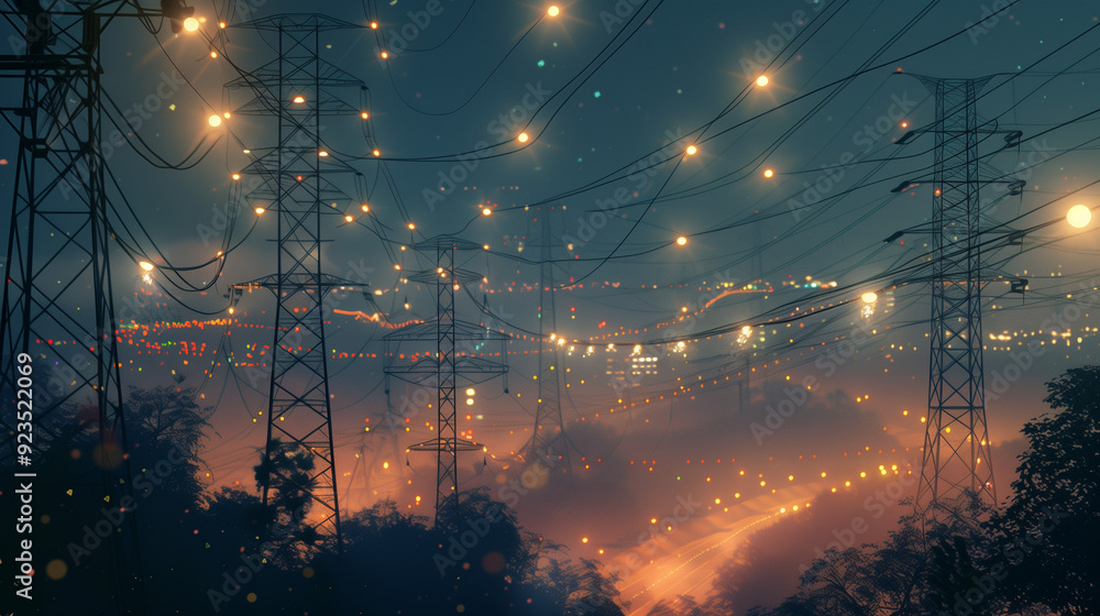 High voltage transmission tower on night sky background. Shiny sparkles ...