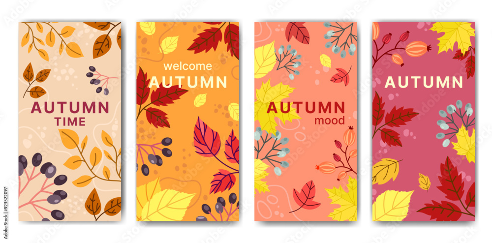 Autumn card template set with colorful falling leaves.Horizontal ...
