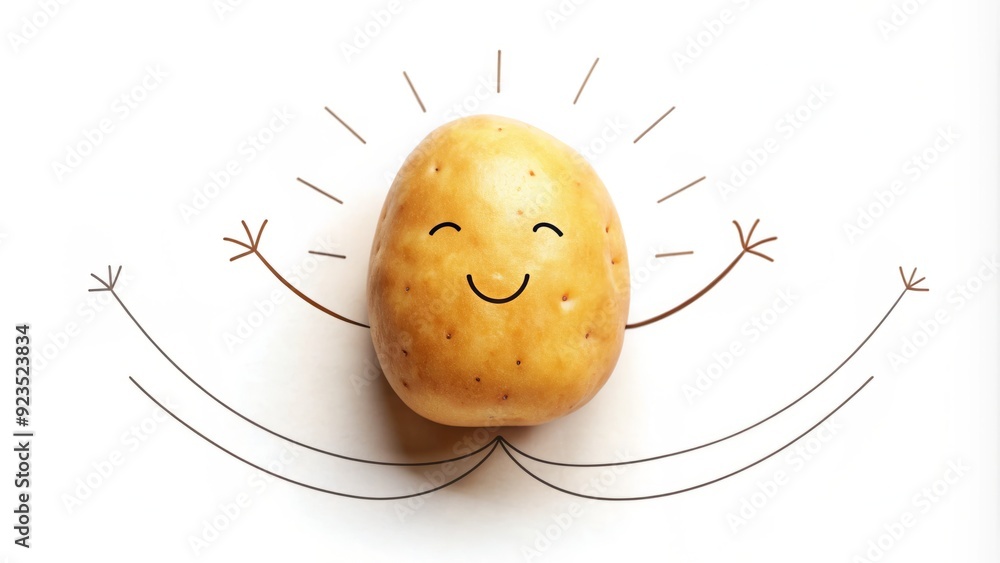 Whimsical line drawing of a single potato slice with a smile ...
