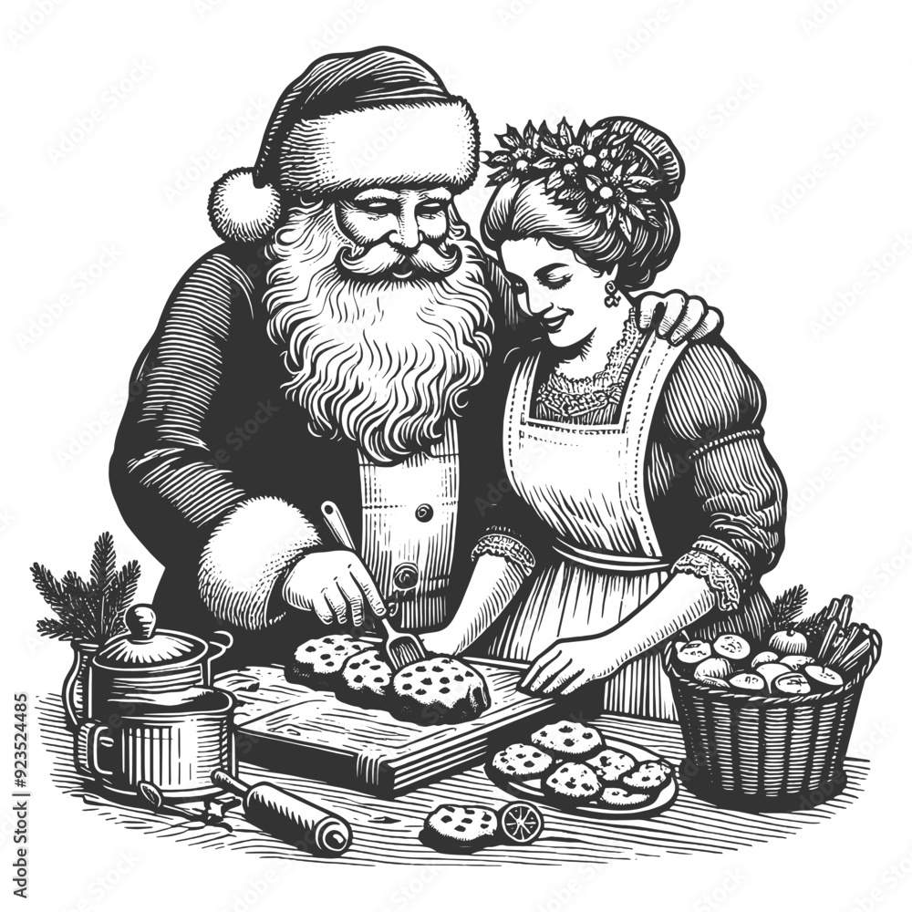 Santa Claus and Mrs Claus baking Christmas cookies together, nostalgic ...