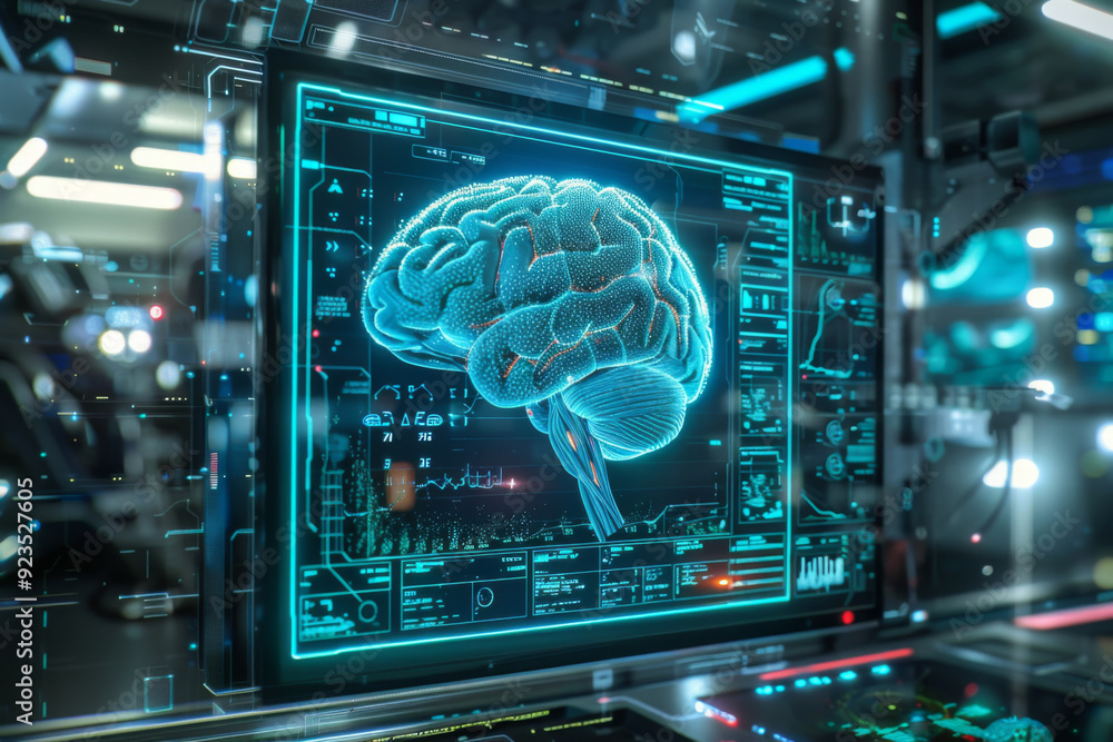 Cybernetic brain interface showing decreasing neural activity ...