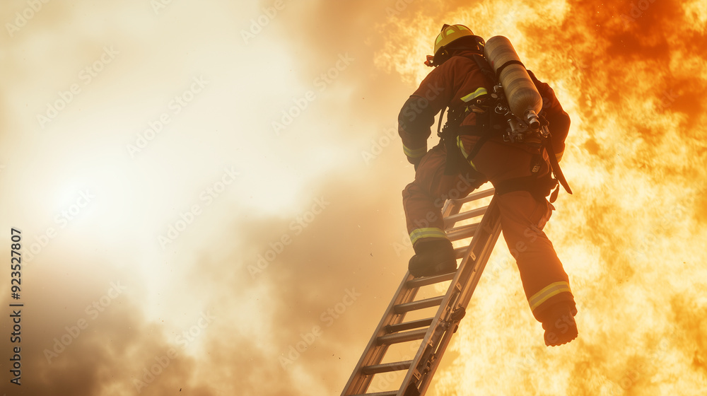 A firefighter is captured in the throes of action, climbing a ladder ...
