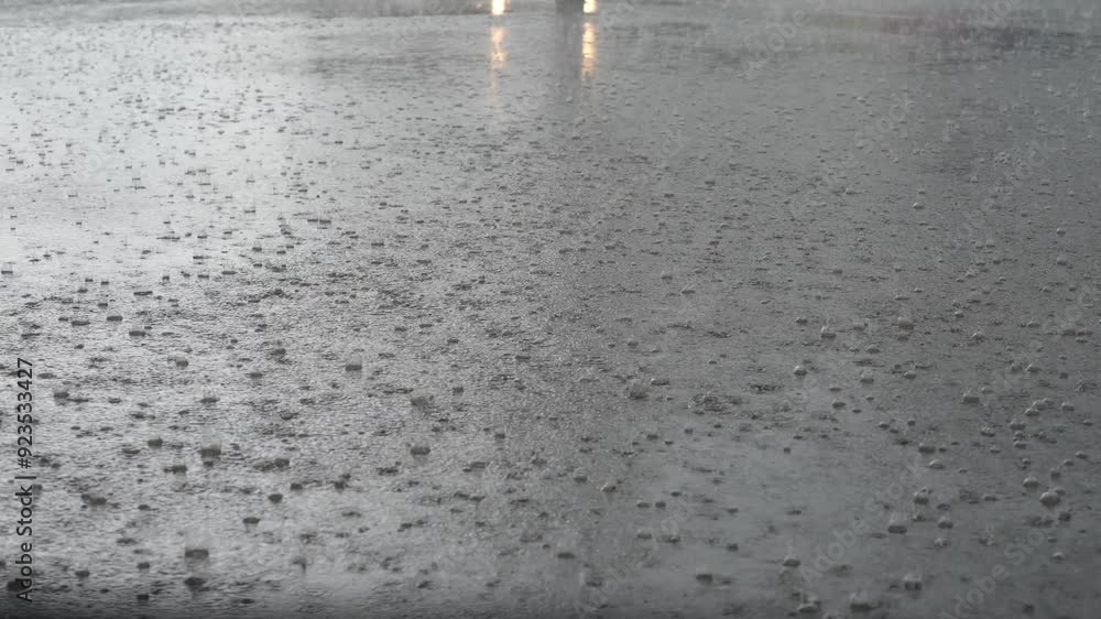 Heavy raindrops pelt the flooded asphalt, creating a mesmerizing ...