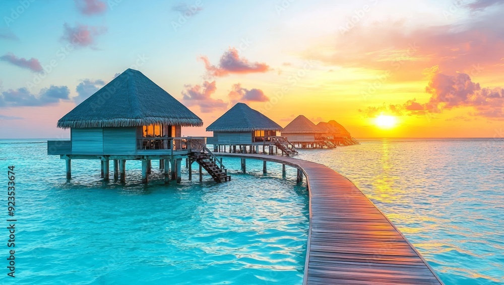 Beautiful sunset panorama view from luxury resort on pier pathway ...