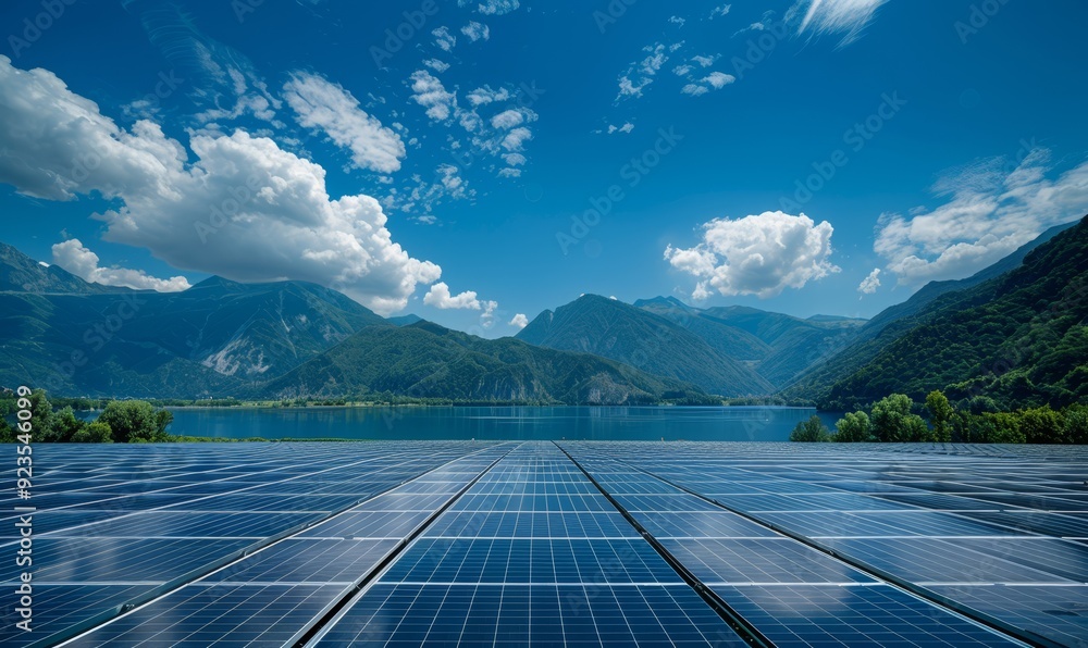 Solar energy farm with rows of photovoltaic panels against a backdrop ...