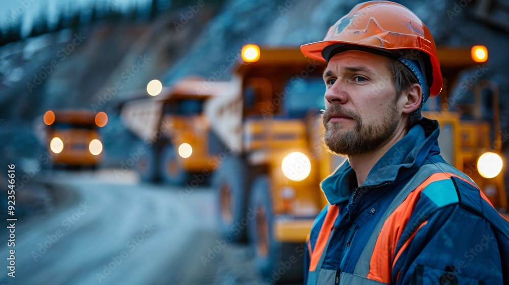 A miner observes the ongoing excavation activities while large trucks ...