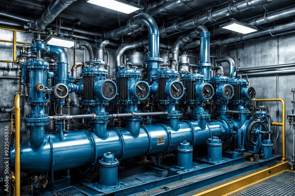 Industrial interior of water pump, valves, pressure gauges, motors ...