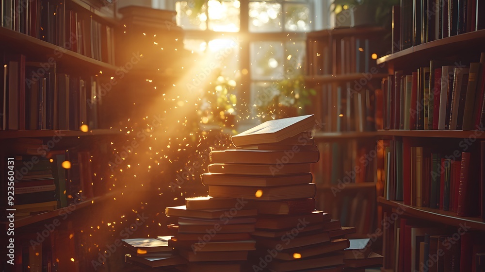 Bright library interior, stacks of books, sunbeam streaming through ...