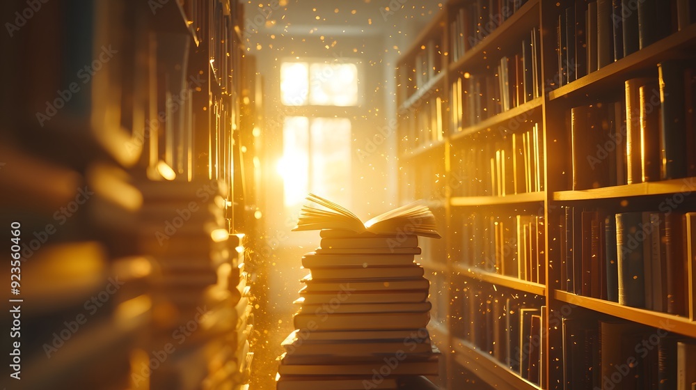 Bright library interior, stacks of books, sunbeam streaming through ...