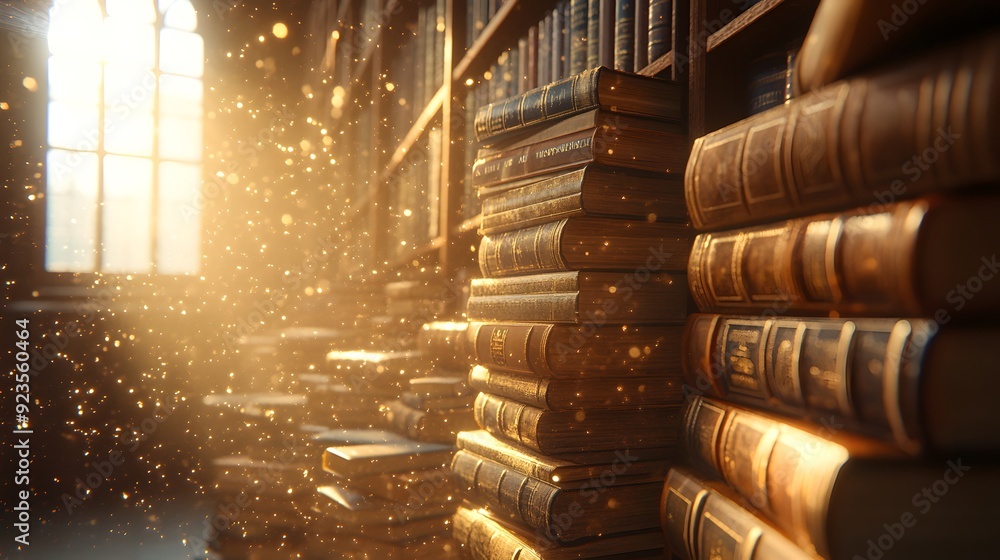 Bright library interior, stacks of books, sunbeam streaming through ...