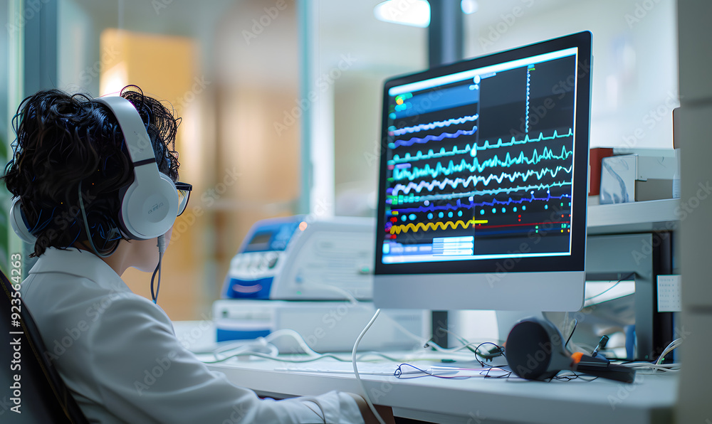 Person undergoing an EEG test with electrodes connected to a computer ...