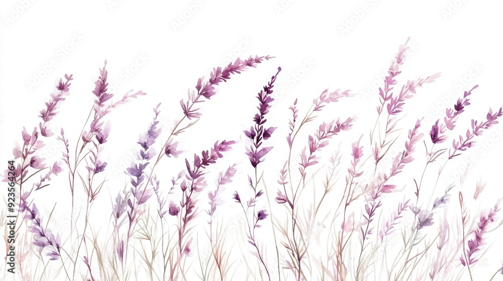 Watercolor of a meadow with wispy grass and delicate purple blossoms ...