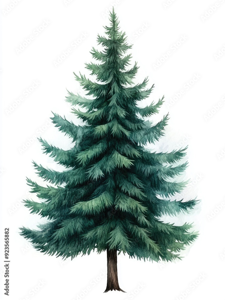 Watercolor of a spruce tree with a cone shaped crown isolated on a ...