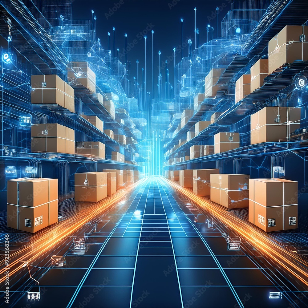 An advanced logistics network illustration featuring digital tracking ...