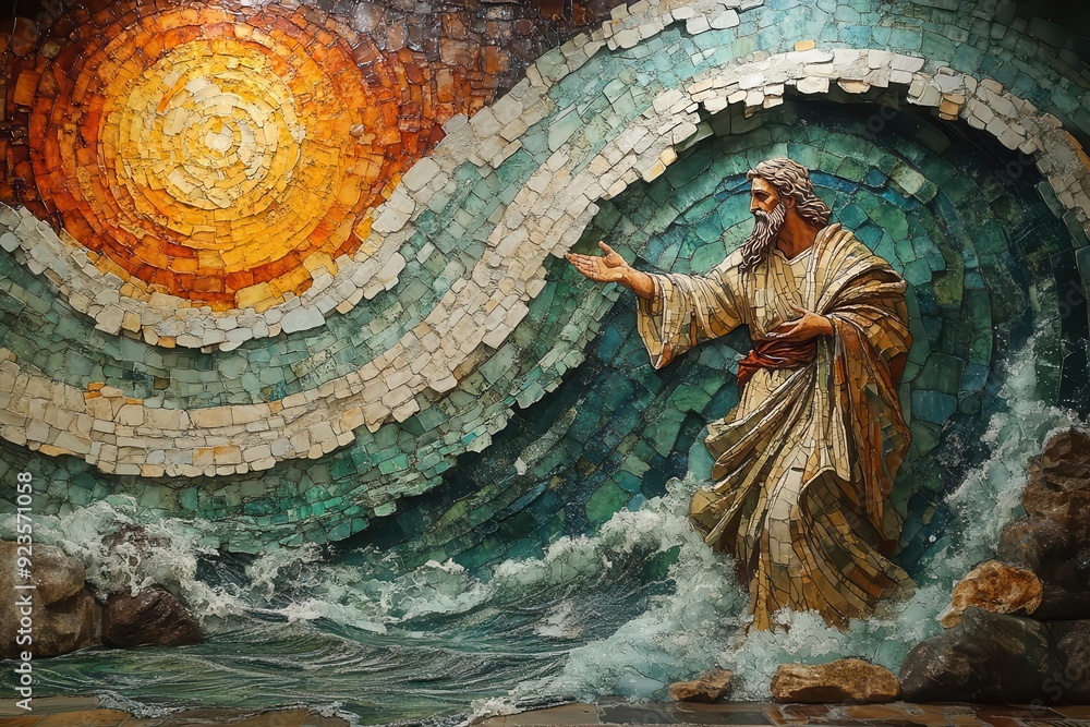 biblical scene of moses parting the red sea stylized as an illuminated ...