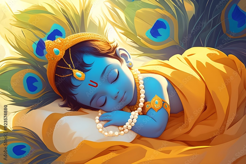 Cute little sleeping baby Krishna with blue skin and peacock feather ...