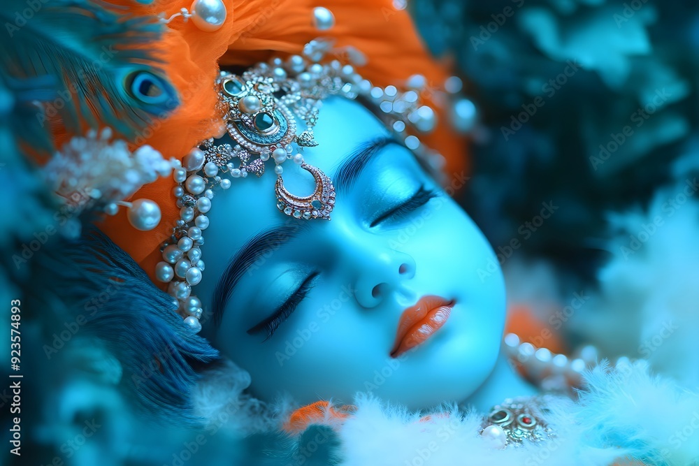 Cute little sleeping baby Krishna with blue skin and peacock feather ...