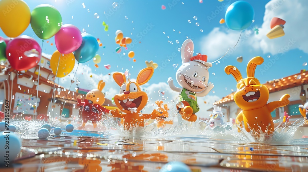 Cartoon bunnies are splashing in a puddle with balloons and a blue sky ...