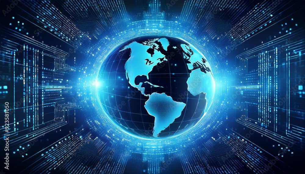 Earth centered in blue cyberspace made out of code, representing open ...