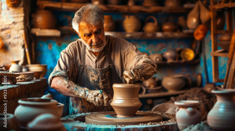 Professional potter making a pot with clay pots on a rotating wheel of ...
