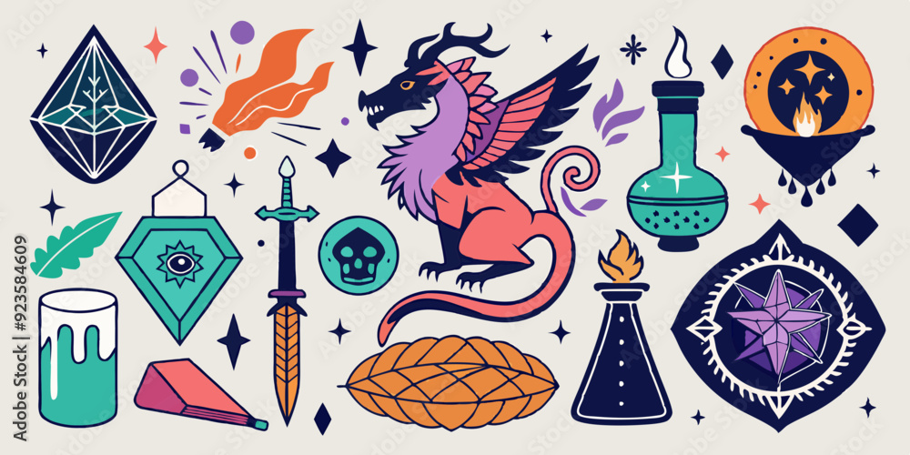 Fantasy linocut stamp set, vector magic fairy tale engraving dragon ...