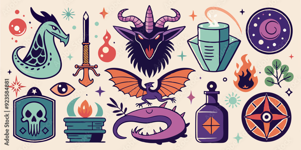 Fantasy linocut stamp set, vector magic fairy tale engraving dragon ...