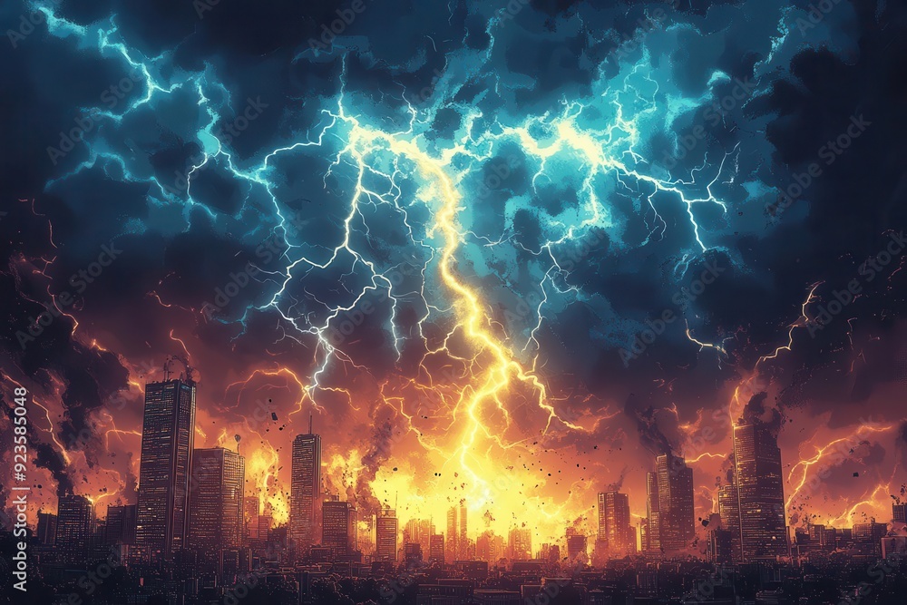 comic book style lightning storm electric blue energy bolts dramatic ...