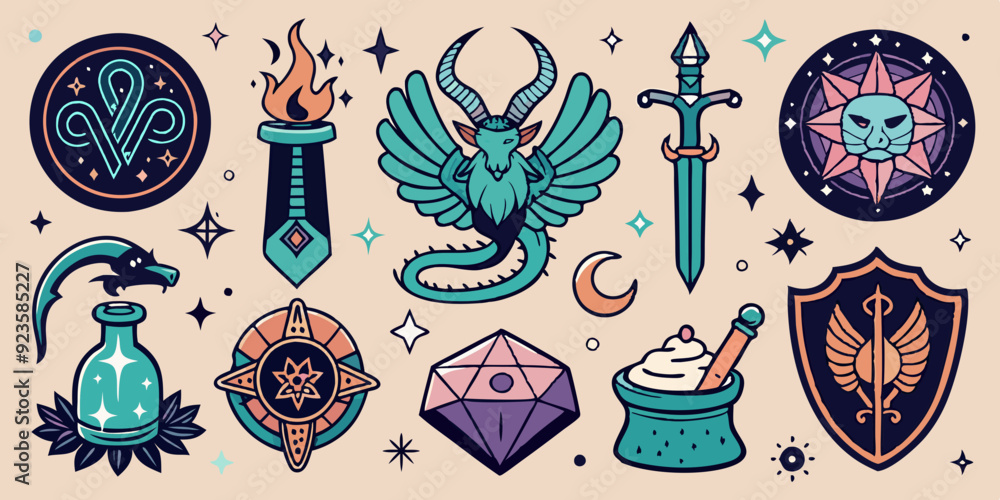 Fantasy linocut stamp set, vector magic fairy tale engraving dragon ...