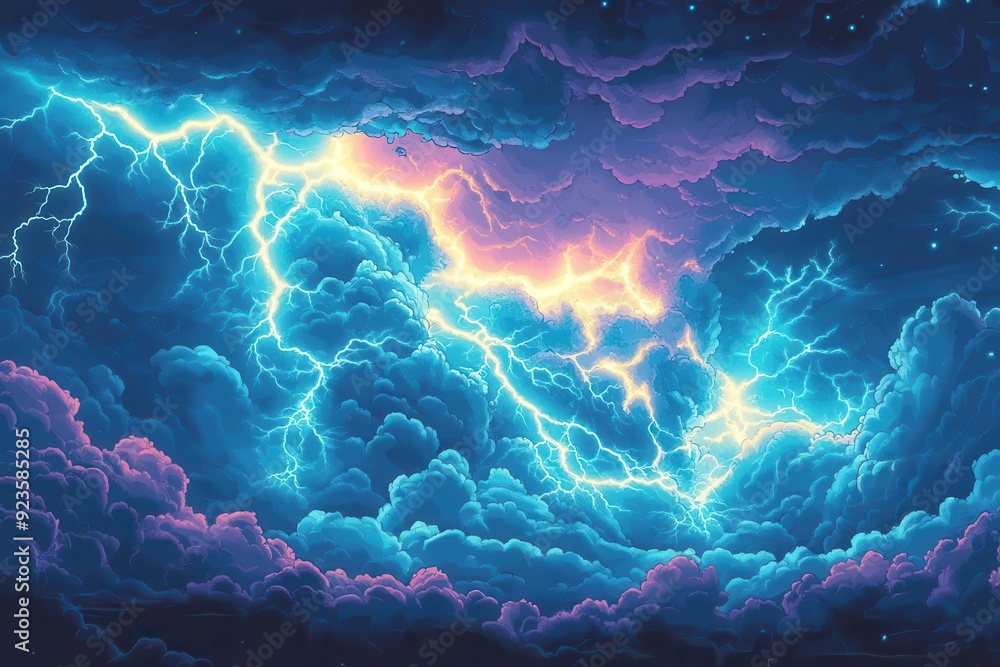 comic book style lightning storm electric blue energy bolts dramatic ...