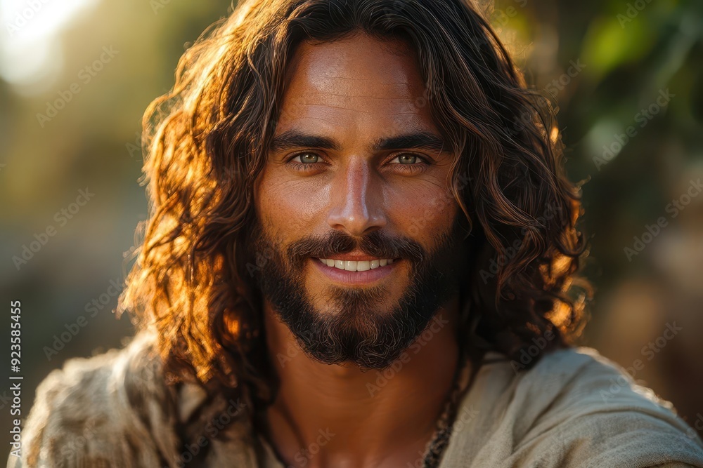 compassionate portrait of jesus christ with a warm smile soft radiant ...