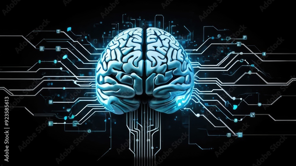 A digital representation of a human brain illuminated with neon ...