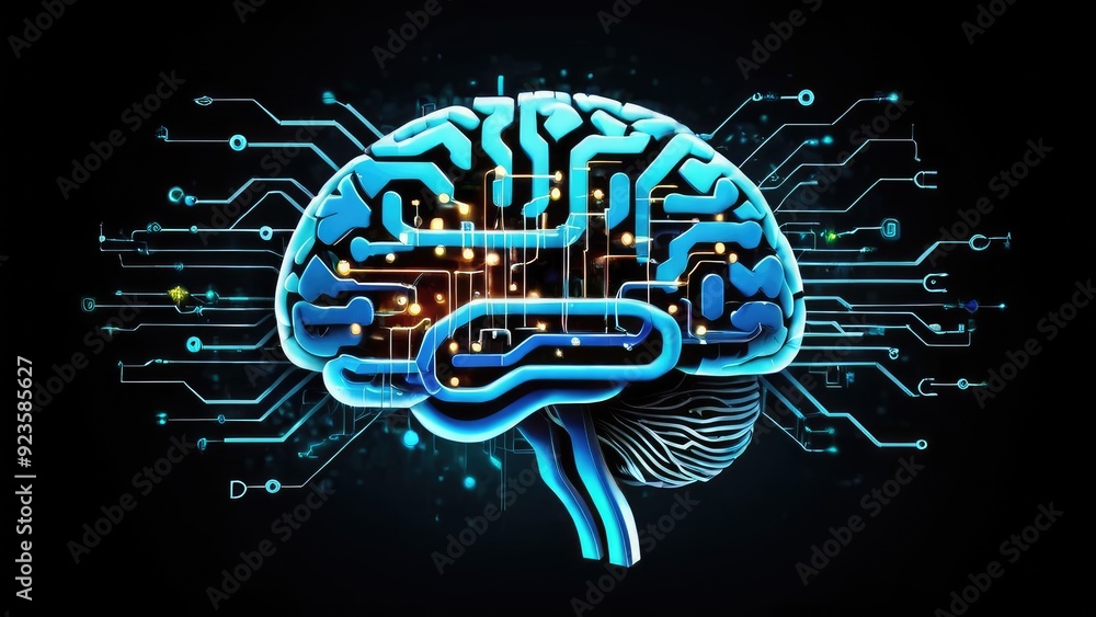A digital representation of a human brain illuminated with neon circuits and letters ...