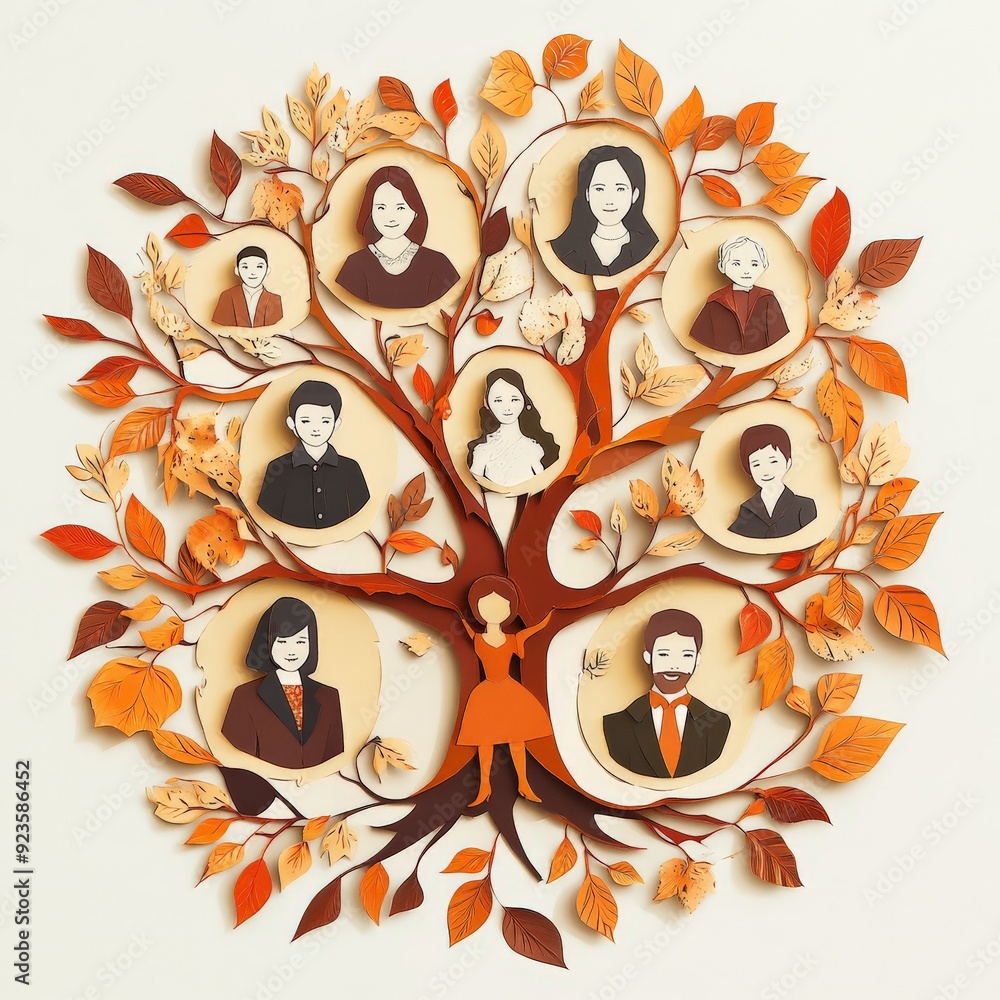 Illustrated family tree with portraits, autumn leaves representing ...