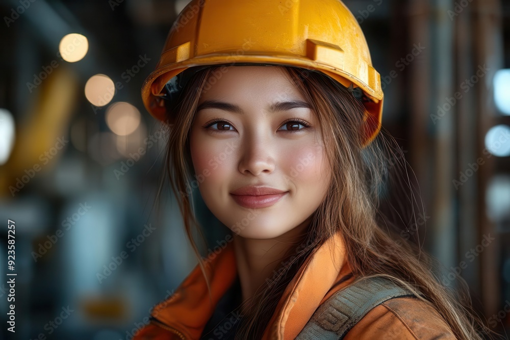 confident asian woman in construction attire hardhat tilted back warm ...