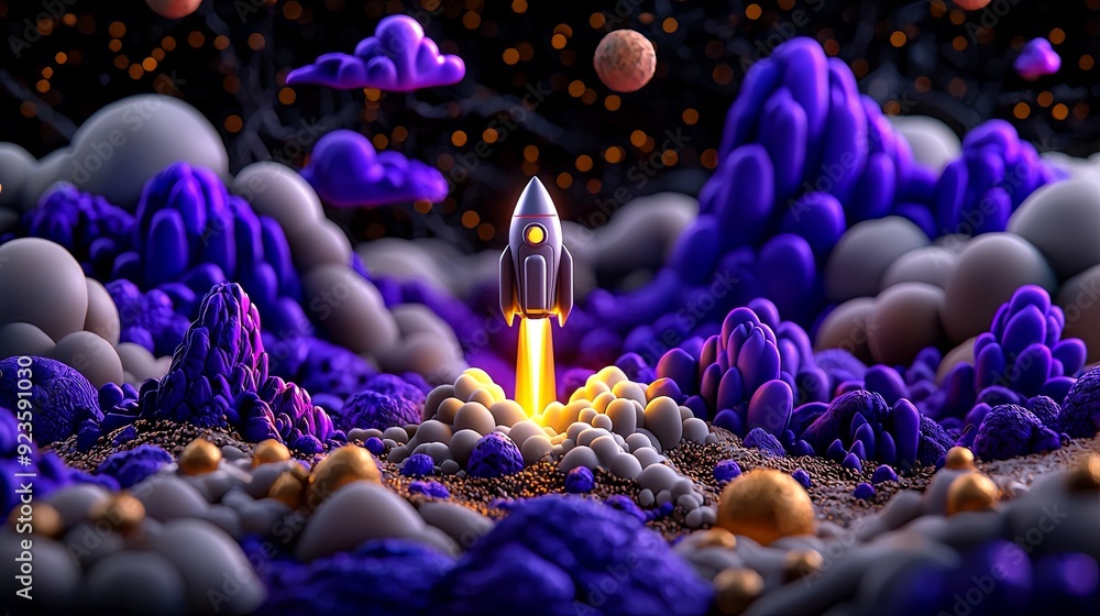 Grandma Space Rocket rising into the purple space sky Martian colony ...