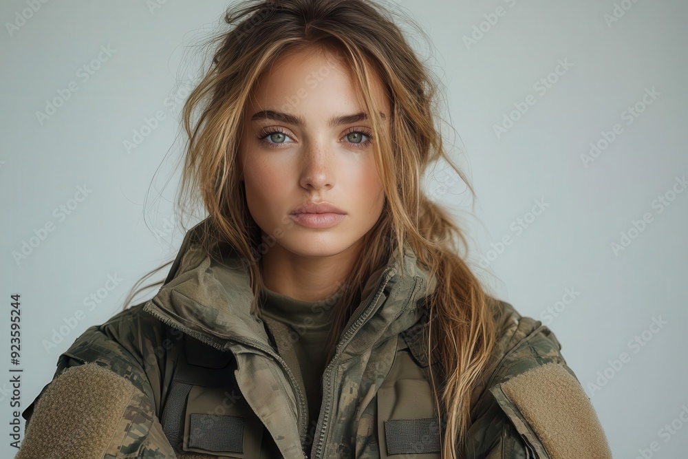 determined female soldier in tactical gear striking a powerful pose ...