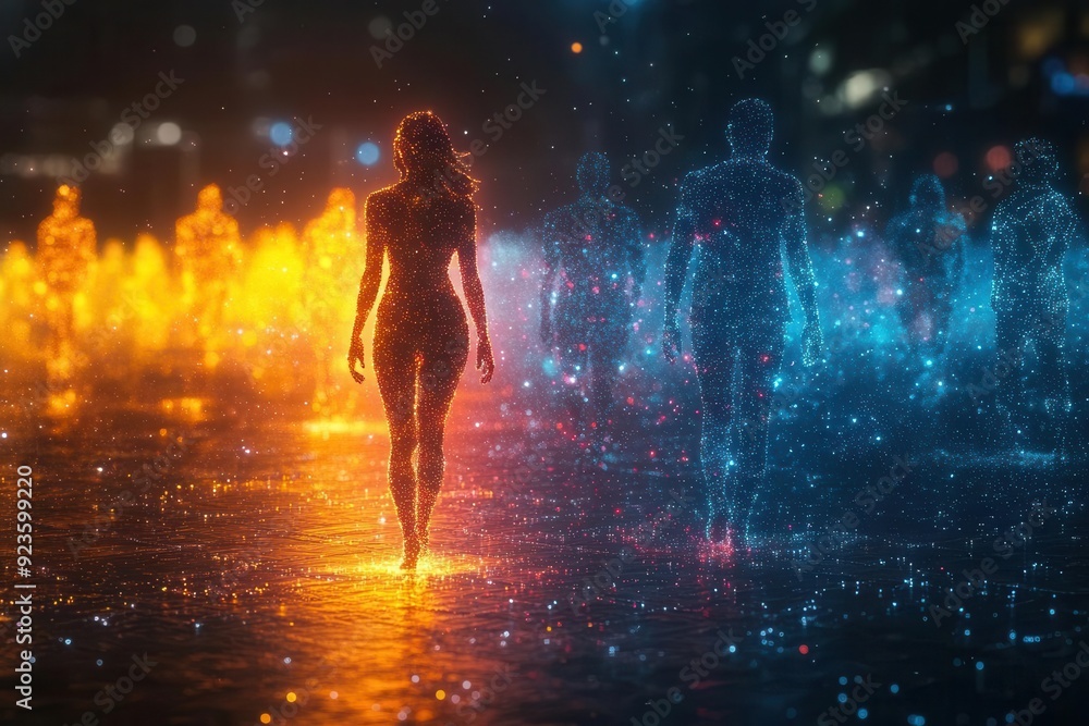 diverse human figures as colorful data points interconnected network ...