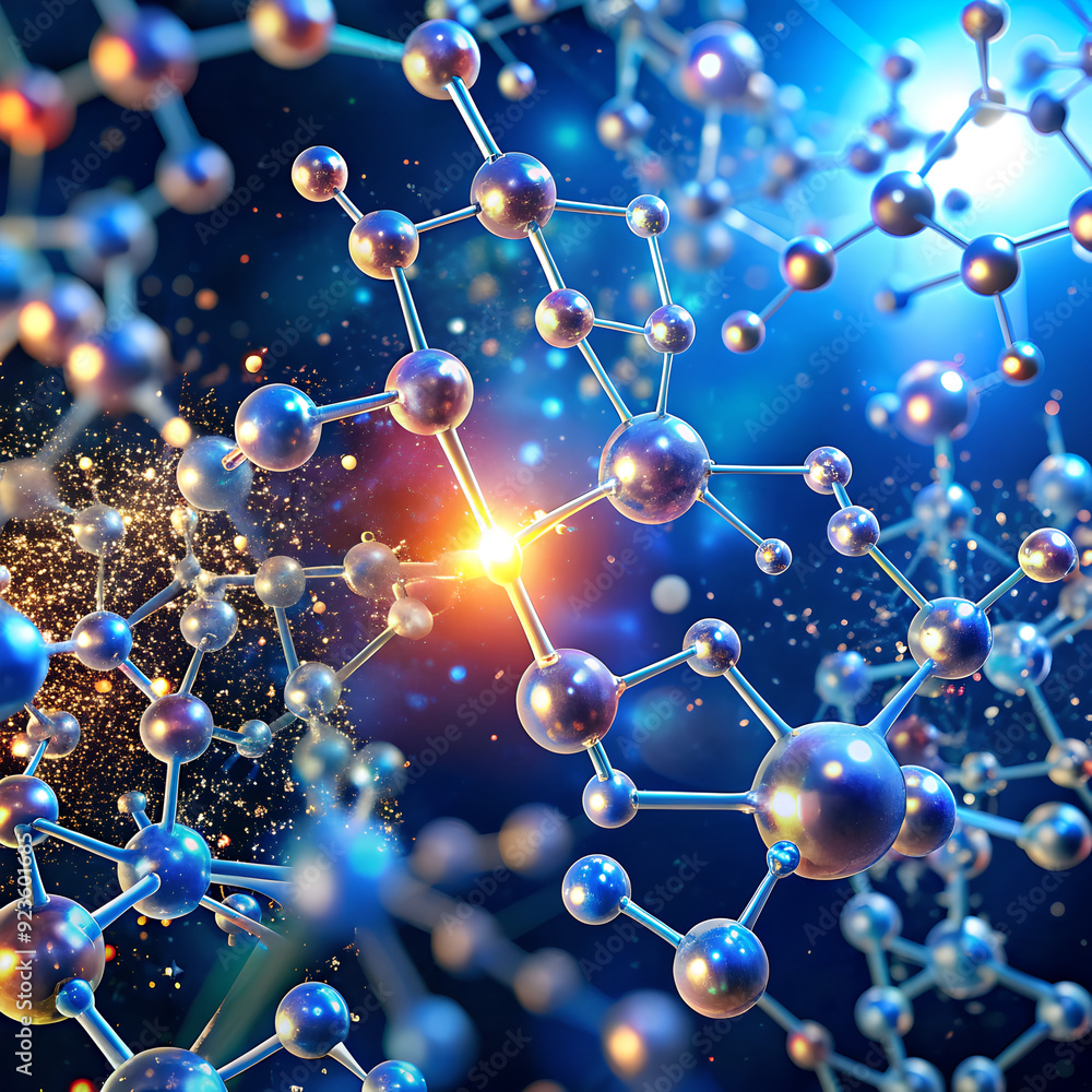 Abstract blue background featuring a molecular structure with interconnected atoms, illustrating ...