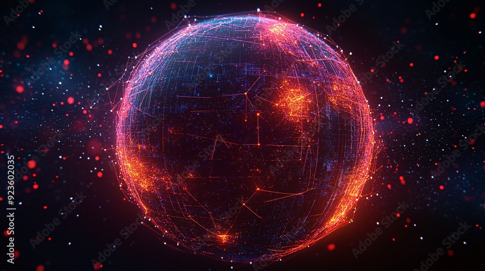 An intricate network of glowing lines and nodes covers the surface of a ...