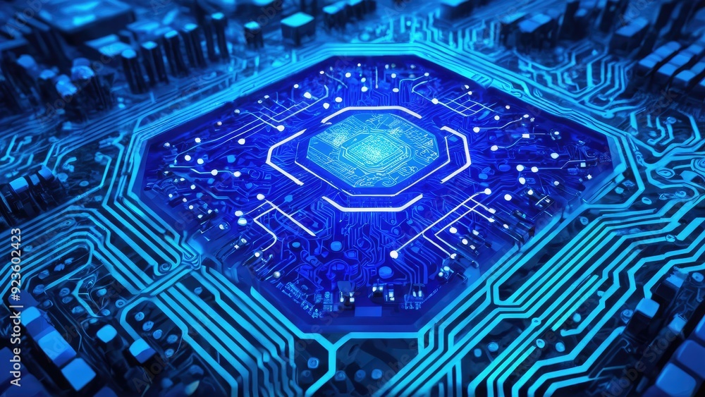 A detailed view of a blue-lit circuit board, highlighting the connections and components of a ...