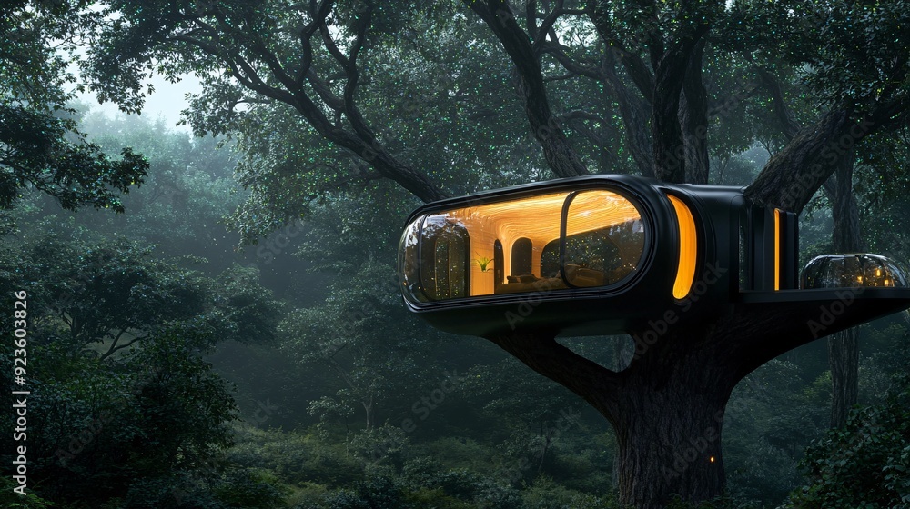 A futuristic treehouse, nestled amongst the branches of a giant ...
