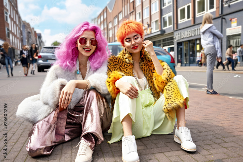 Sitting on a city street, two carefree young Gen Z friends, dressed in ...